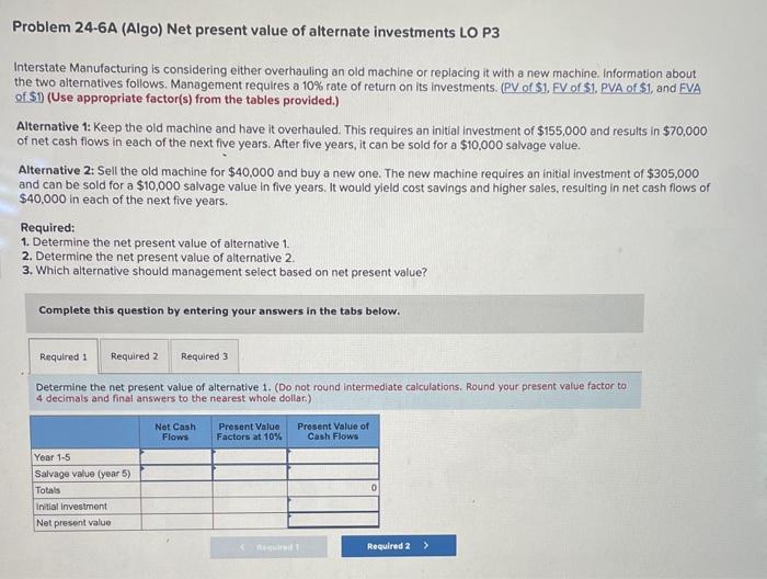 Solved Problem 24-6A (Algo) Net present value of alternate | Chegg.com