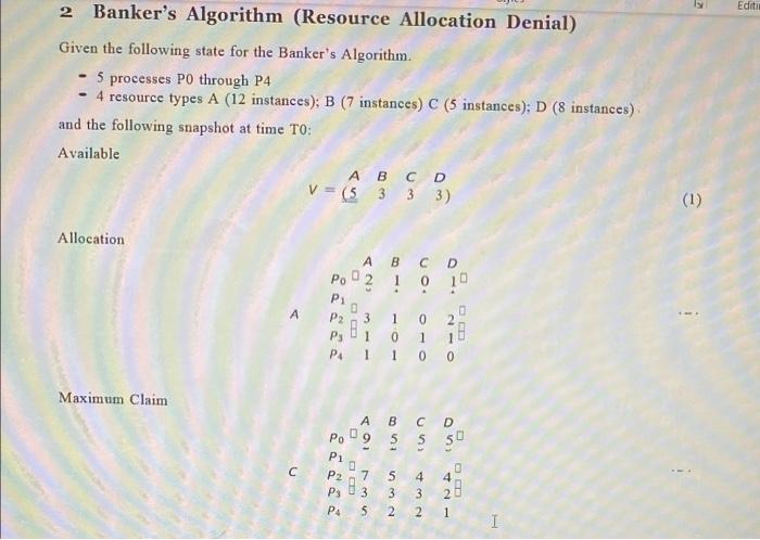 Solved र Editi 2 Banker's Algorithm (Resource Allocation | Chegg.com