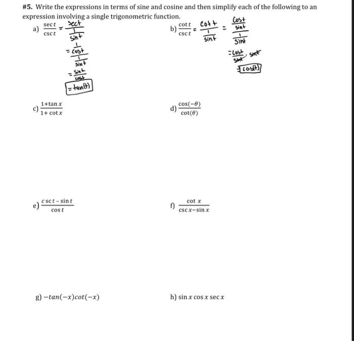 Solved \#5. Write the expressions in terms of sine and | Chegg.com