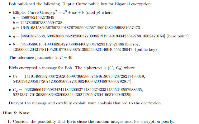 Solved Bob published the following Elliptic Curve public key | Chegg.com