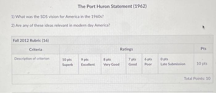 Solved The Port Huron Statement (1962) 1) What was the SDS | Chegg.com
