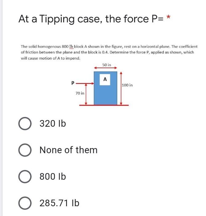Solved At a Tipping case, the force P= * The solid | Chegg.com