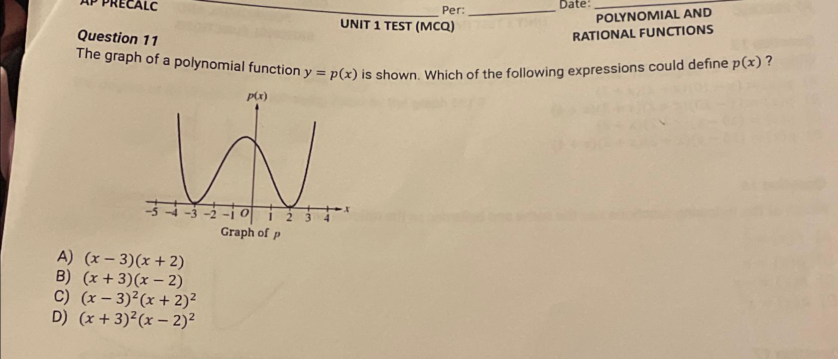 Solved Question 11The graph of a polynomial function y=p(x) | Chegg.com