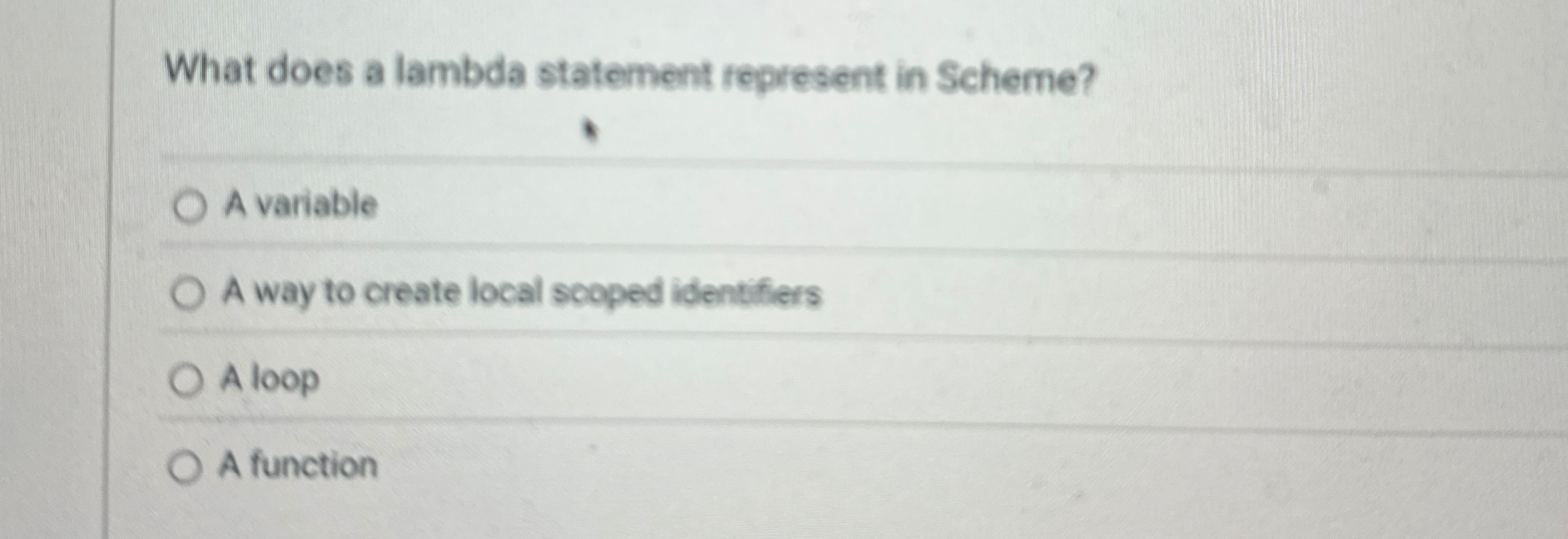 Solved What does a lambda statement represent in Scheme?A | Chegg.com