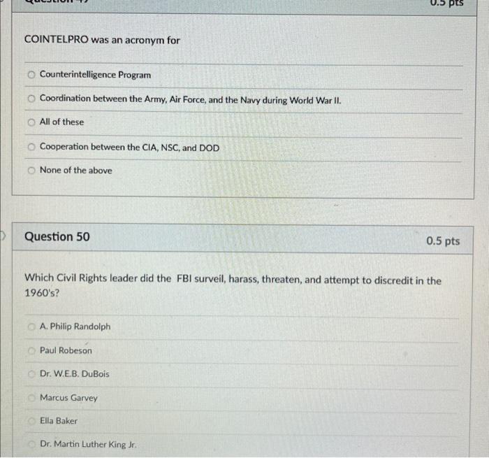 COINTELPRO was an acronym for Counterintelligence | Chegg.com