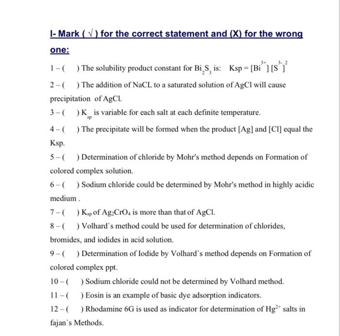 Solved 1-Mark () for the correct statement and (X) for the | Chegg.com