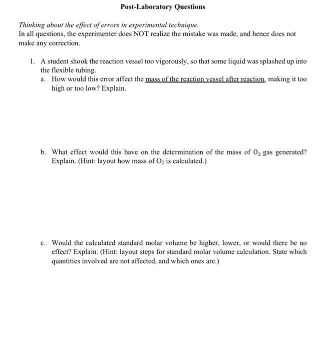 Solved Post-Laboratory Questions Thinking about the effect | Chegg.com