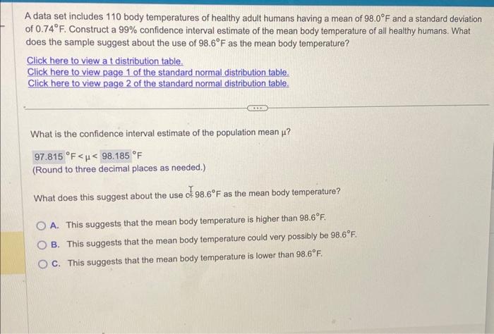 Solved A data set includes 110 body temperatures of healthy | Chegg.com