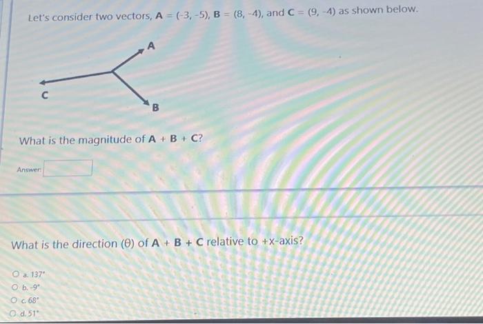 Solved Let's consider two vectors, A=(−3,−5),B=(8,−4), and | Chegg.com