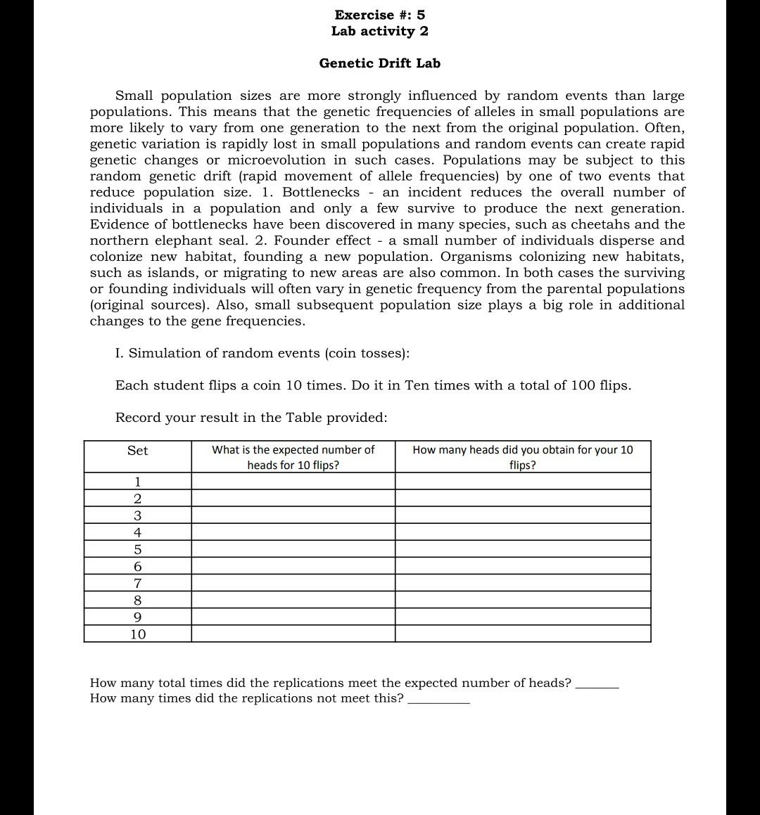 Solved Exercise #: 5 Lab activity 2 Genetic Drift Lab Small | Chegg.com