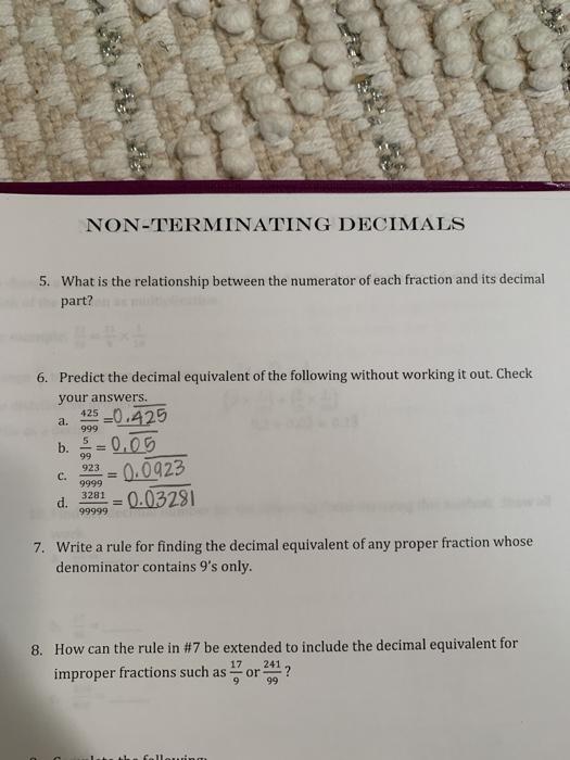 Solved NON-TERMINATING DECIMALS 5. What is the relationship | Chegg.com