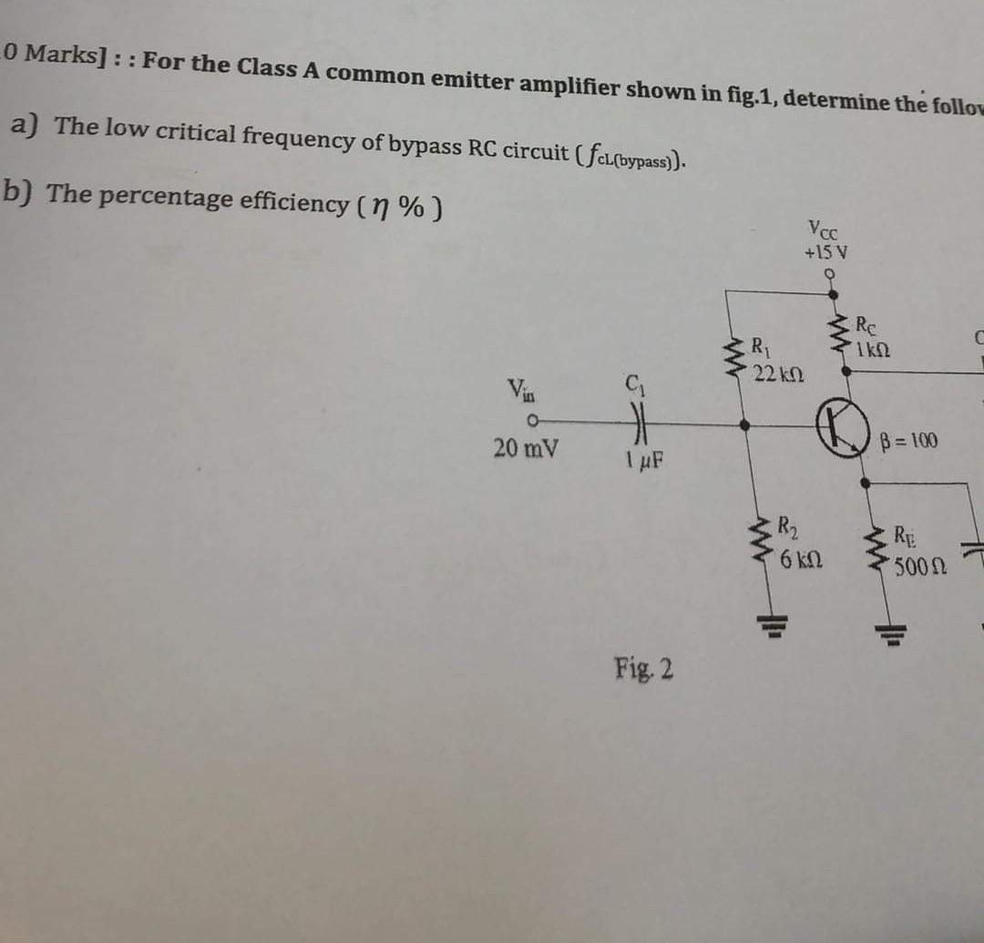 Solved 0 Marks] :: For the Class A common emitter amplifier | Chegg.com