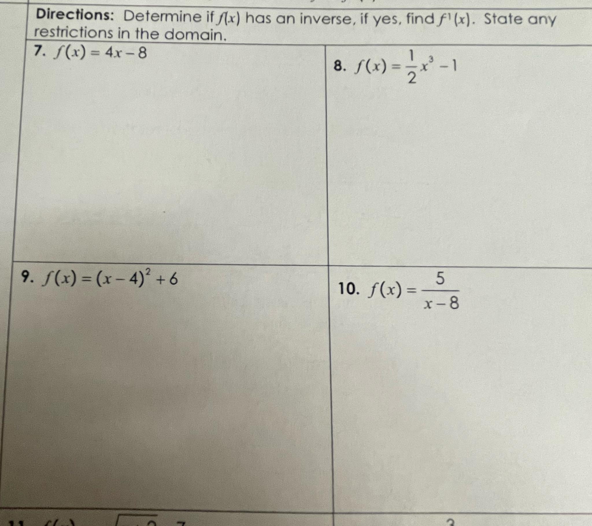 Solved Directions: Determine if f(x) ﻿has an inverse, if | Chegg.com