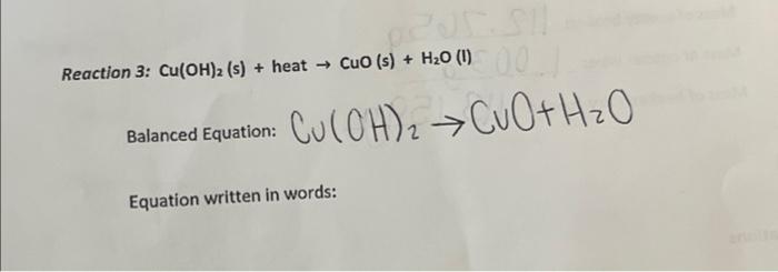 Solved Reaction 3: Cu(OH)2 (s) + heat → CuO (s) + H20 (1) | Chegg.com