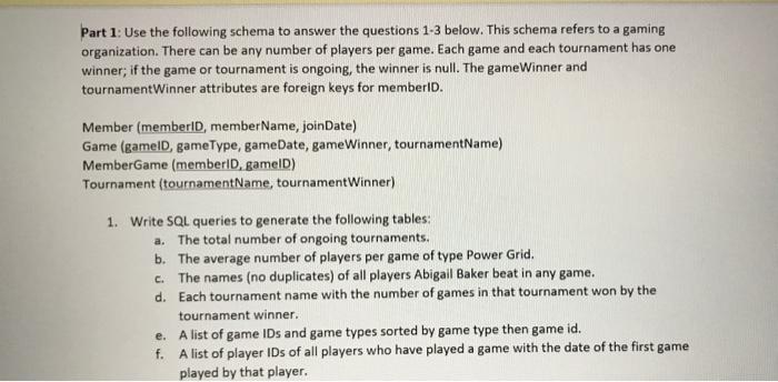 Solved Part 1: Use the following schema to answer the | Chegg.com