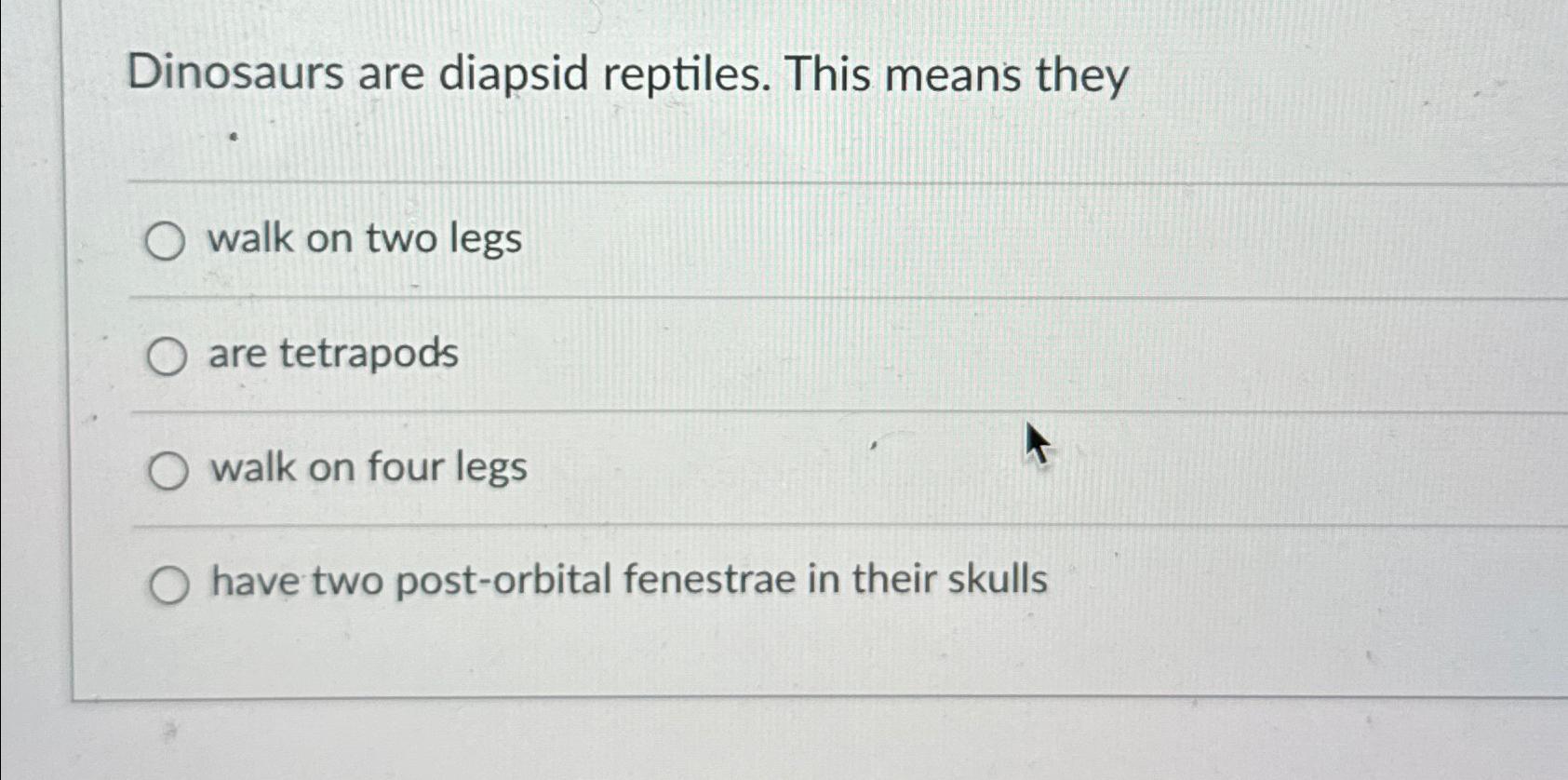 Solved Dinosaurs are diapsid reptiles. This means theywalk | Chegg.com
