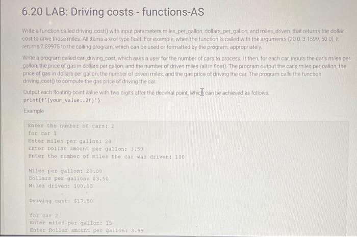 Solved Write a function called driving_cost0 with input | Chegg.com