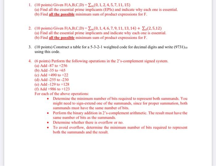Solved 1. (10 points) Given F(A,B,C,D)=∑m(0,1,2,4,5,7,11,15) | Chegg.com