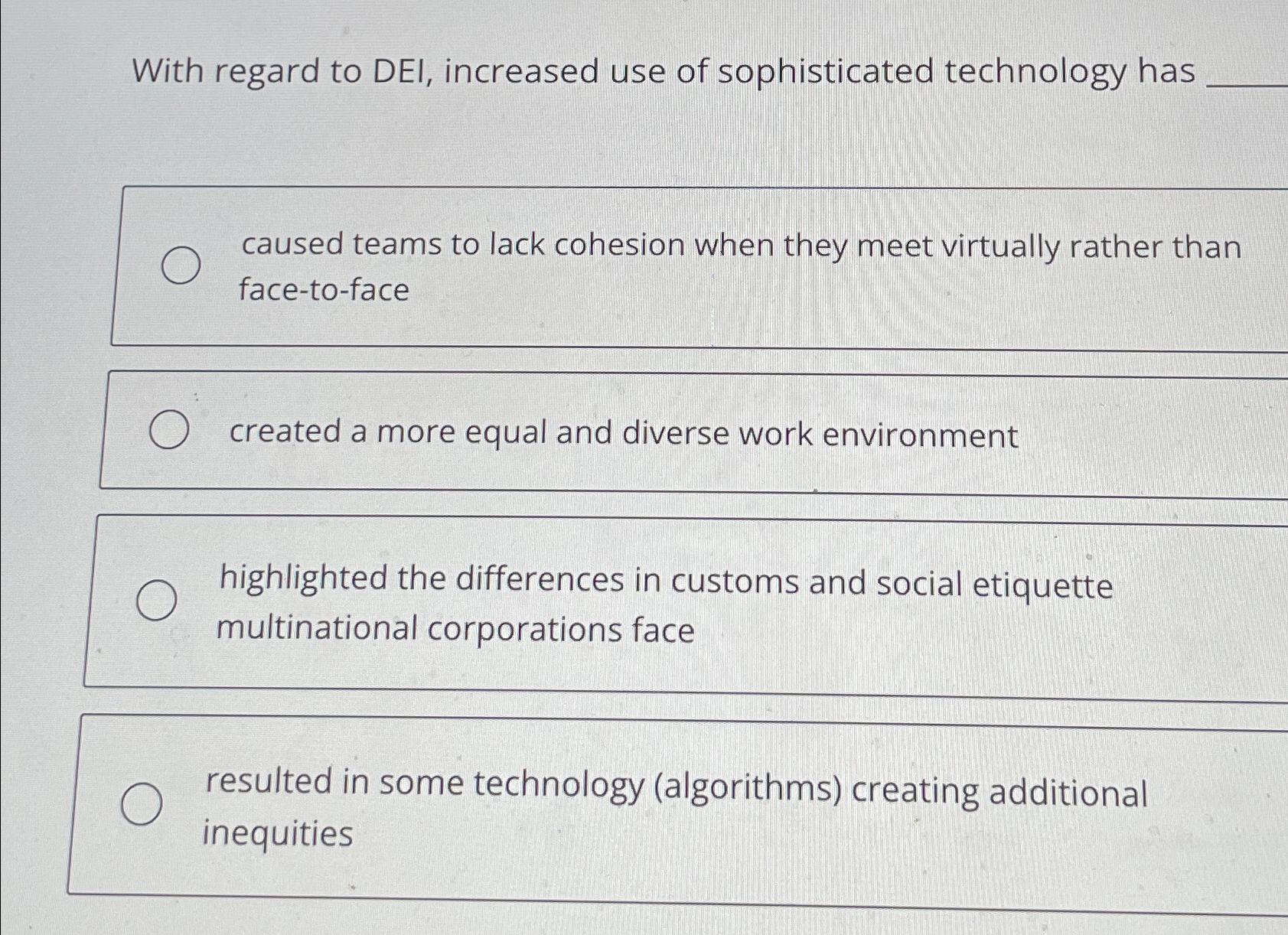 Solved With regard to DEI, increased use of sophisticated | Chegg.com