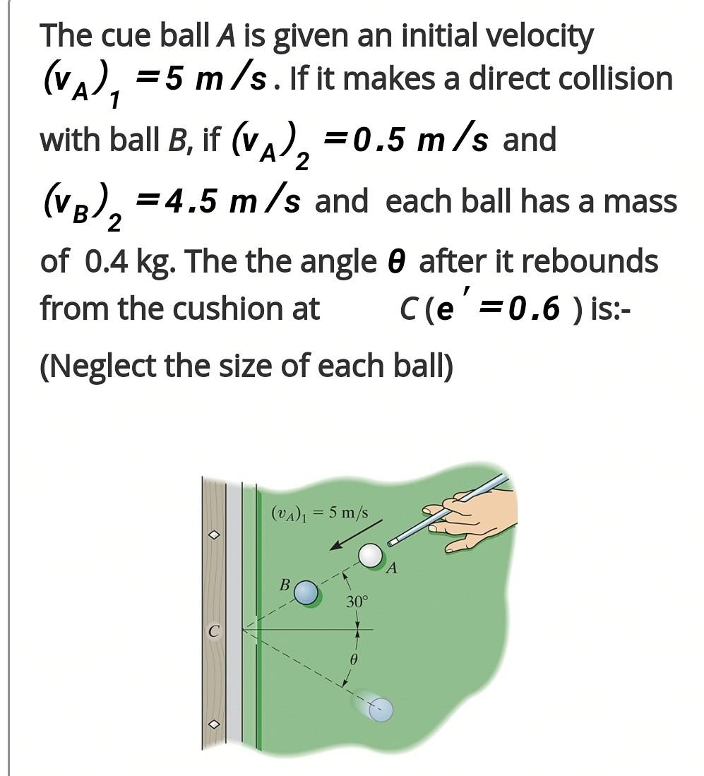 Solved The cue ball A is given an initial velocity (VA), =5 | Chegg.com