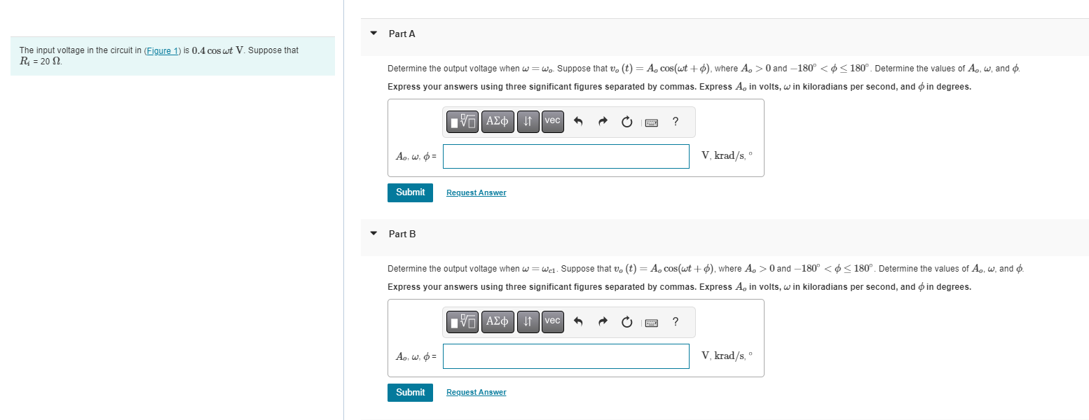 Solved Part CDetermine the output voltage when ω=ωc2. | Chegg.com