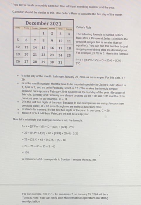 Solved You are to create a monthly calendar. Uae will input | Chegg.com