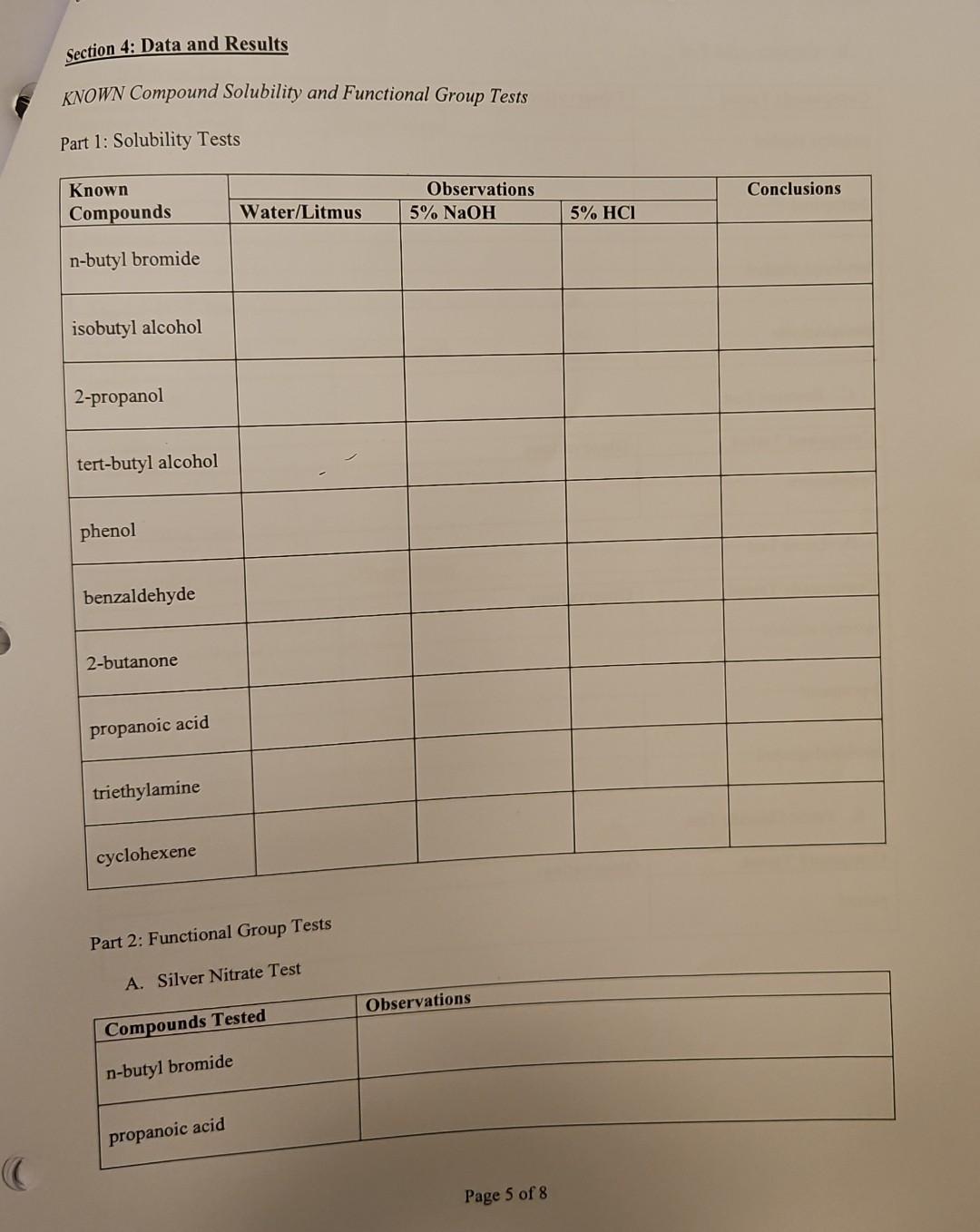 Section 4: Data and Results KNOWN Compound Solubility | Chegg.com