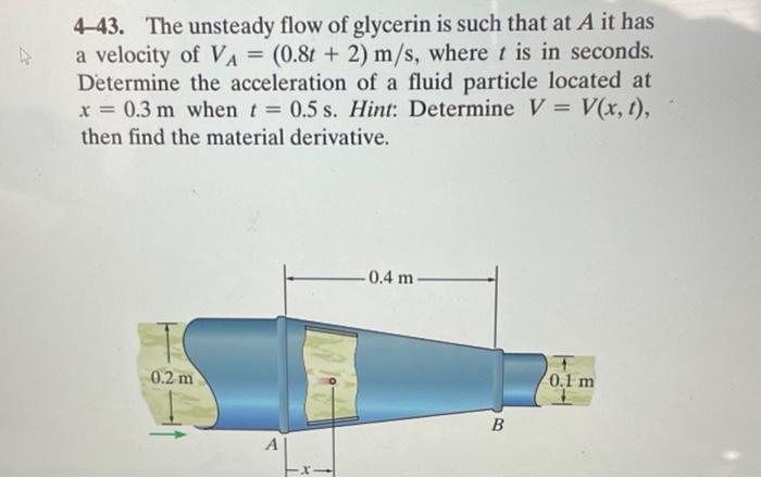 Solved 4-43. The unsteady flow of glycerin is such that at A | Chegg.com