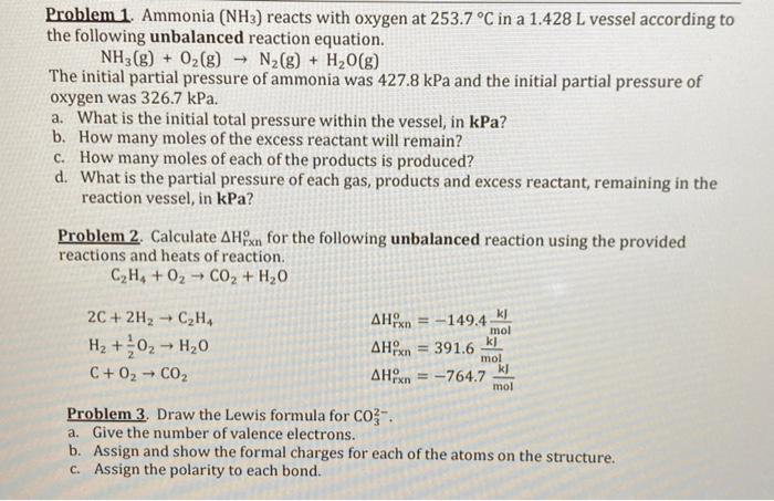 Solved Problem 1. Ammonia (NH3) reacts with oxygen at | Chegg.com