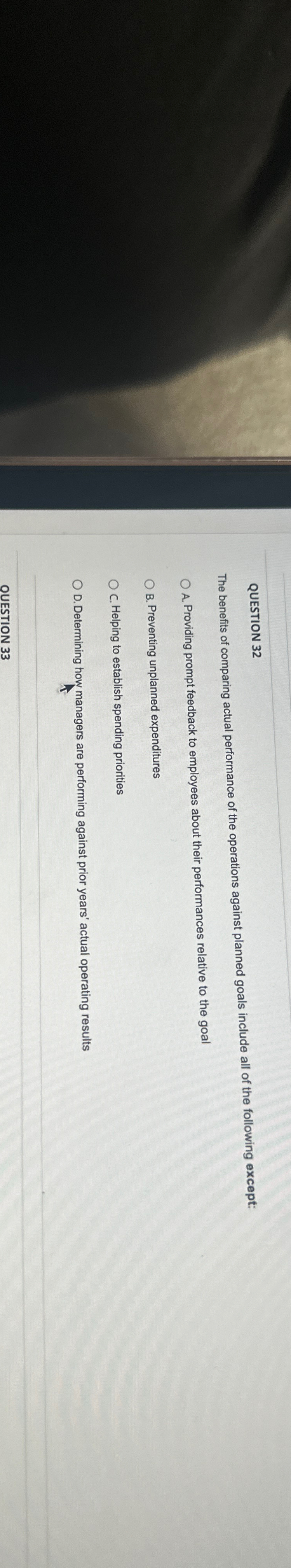 Solved QUESTION 32The benefits of comparing actual | Chegg.com