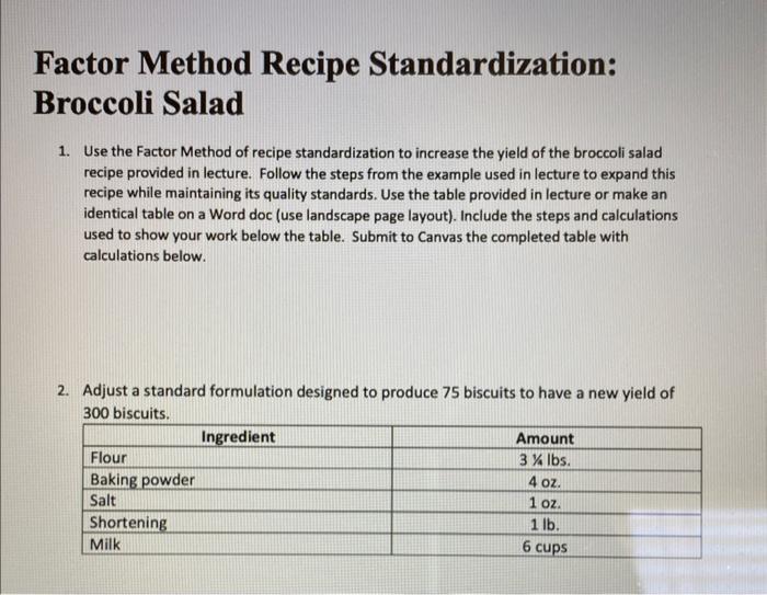 Solved Factor Method Recipe Standardization: Broccoli Salad | Chegg.com