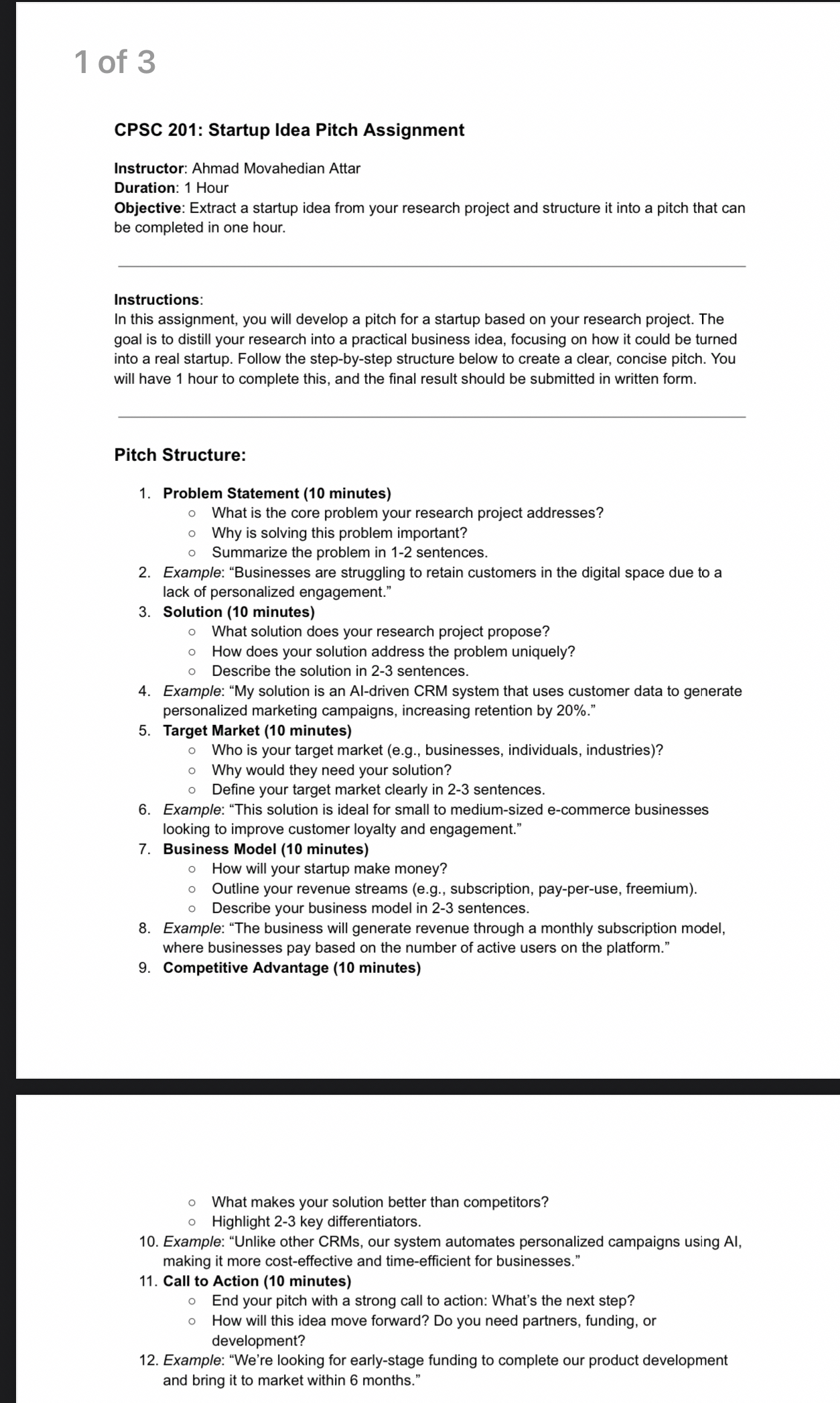 Solved CPSC 201: Startup Idea Pitch AssignmentInstructor: | Chegg.com