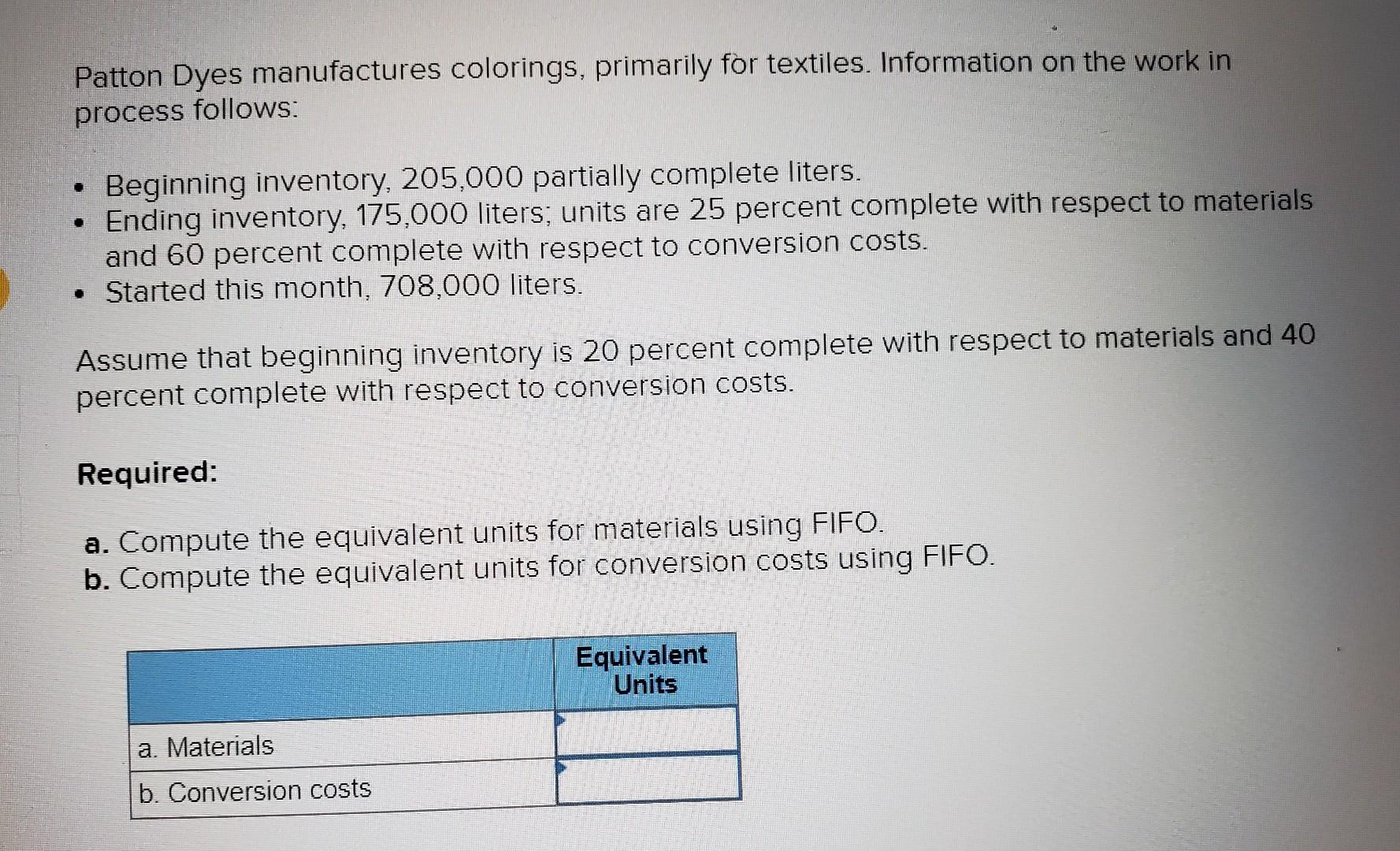 Solved Patton Dyes manufactures colorings, primarily for | Chegg.com