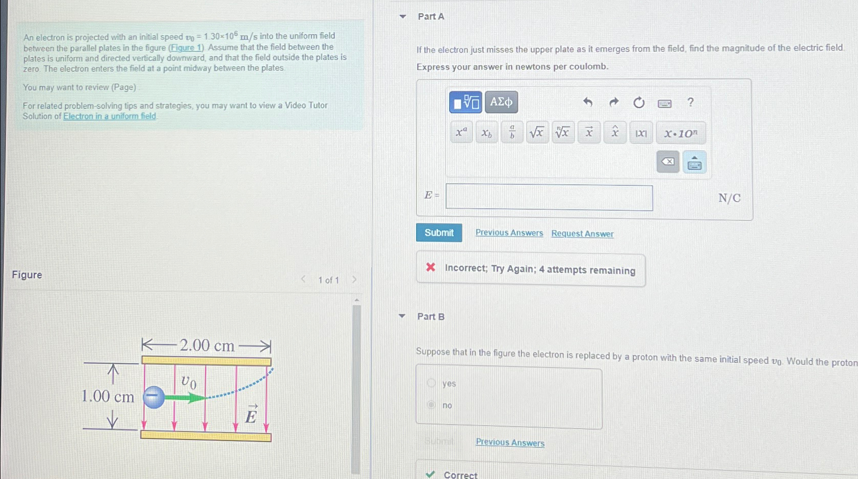 Solved Part AAn electron is projected with an initial speed | Chegg.com