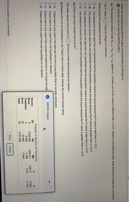 Solved Given the accompanying ANOVA output, complete parts | Chegg.com