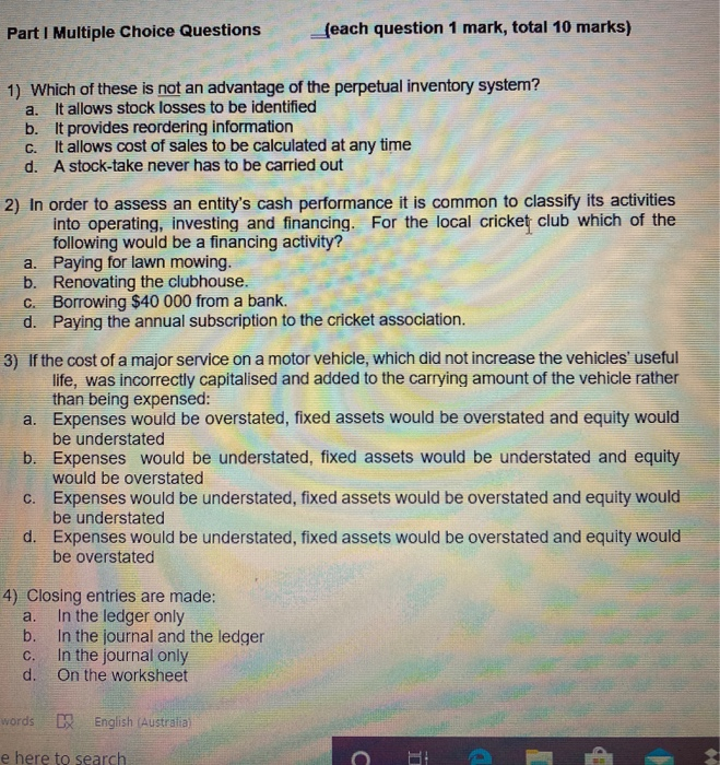 Solved Part I Multiple Choice Questions (each question 1 | Chegg.com