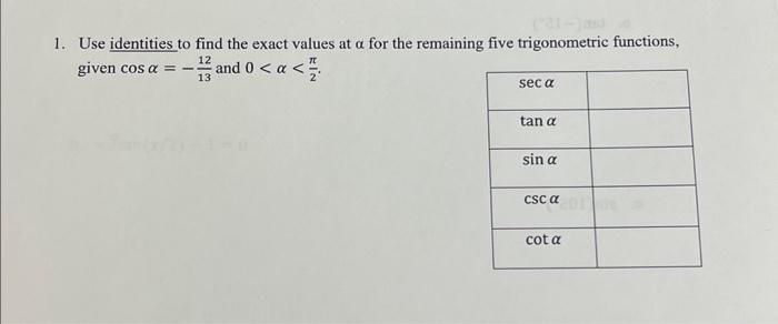 Solved 1. Use identities to find the exact values at α for | Chegg.com