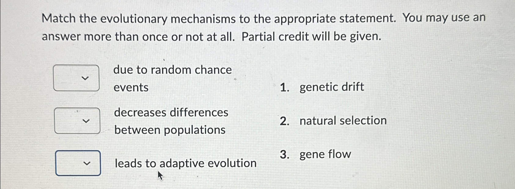 Solved Match the evolutionary mechanisms to the appropriate | Chegg.com