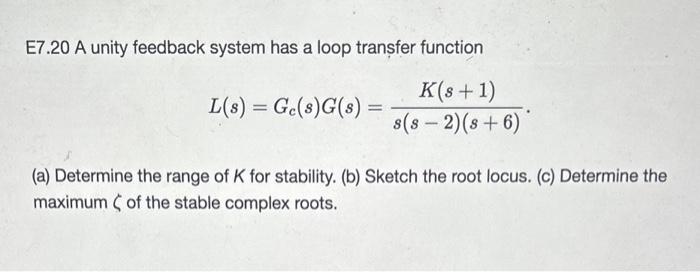 Solved E7.20 A unity feedback system has a loop tranșfer | Chegg.com