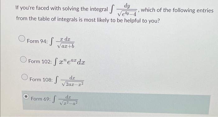 Solved If Youre Faced With Solving The Integral ∫e4y−4dy
