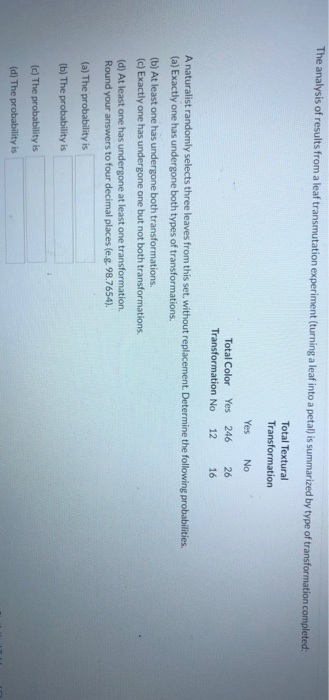 Solved The analysis of results from a leaf transmutation | Chegg.com