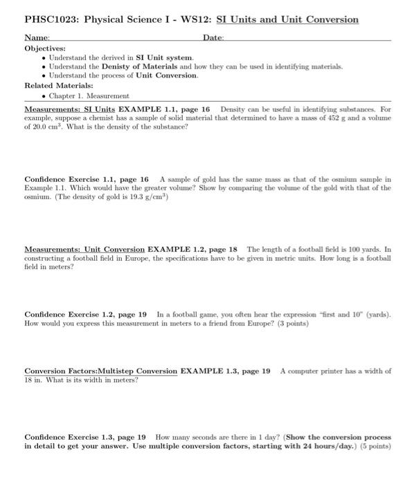 Solved PHSC1023: Physical Science I - WS12: SI Units and | Chegg.com