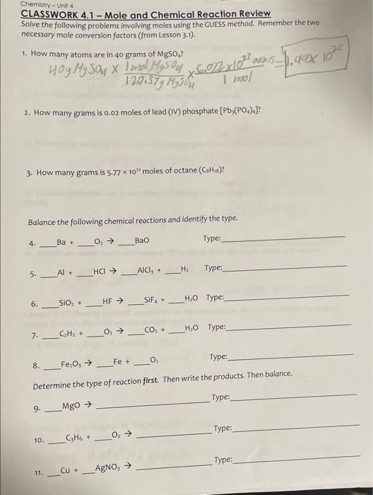Solved Chemistry - Unit 4 CLASSWORK 4.1 - Mole and Chemical | Chegg.com