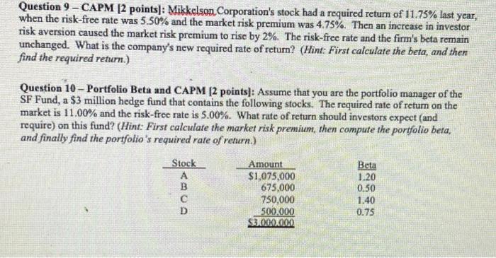 Solved Question 9 - CAPM [2 points]: Mikkelsan Corporation's | Chegg.com