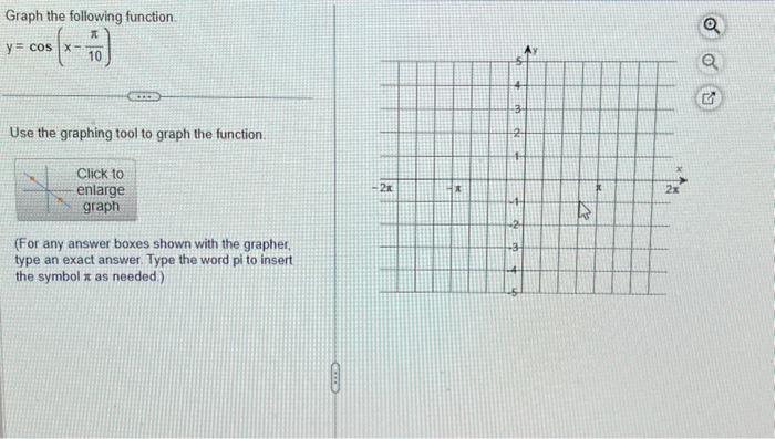Solved Graph the following function. y=cos(x−10π) Use the | Chegg.com