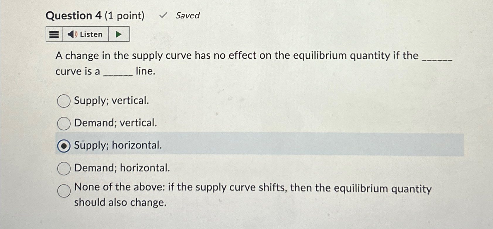 Solved Question 4 (1 ﻿point) ﻿SavedA change in the supply | Chegg.com
