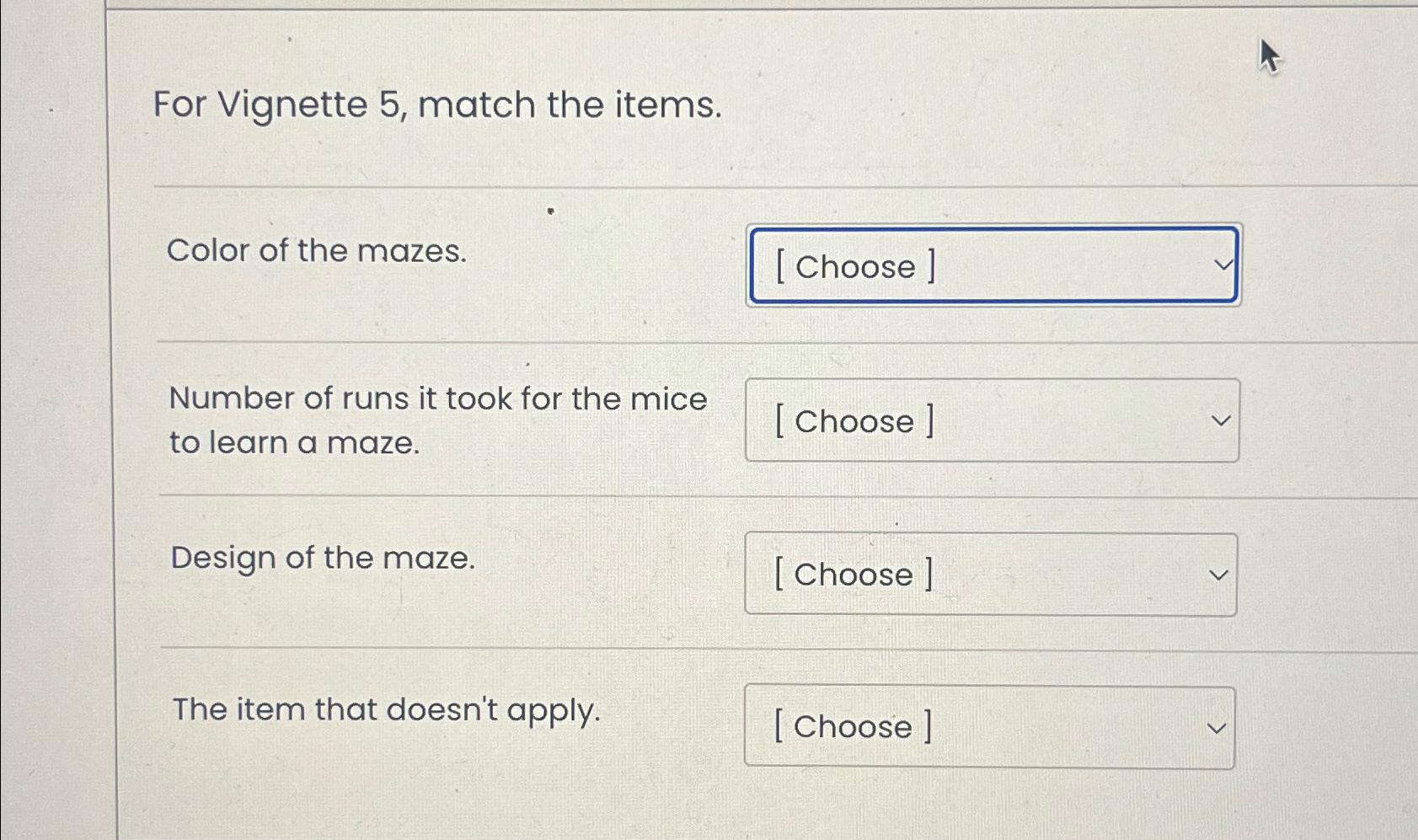 Solved For Vignette 5, ﻿match the items.Color of the | Chegg.com