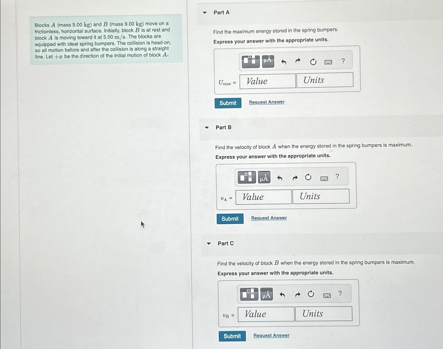 Solved Part ABlocks A (mass 5.00kg ) ﻿and B (mass 9.00kg ) | Chegg.com