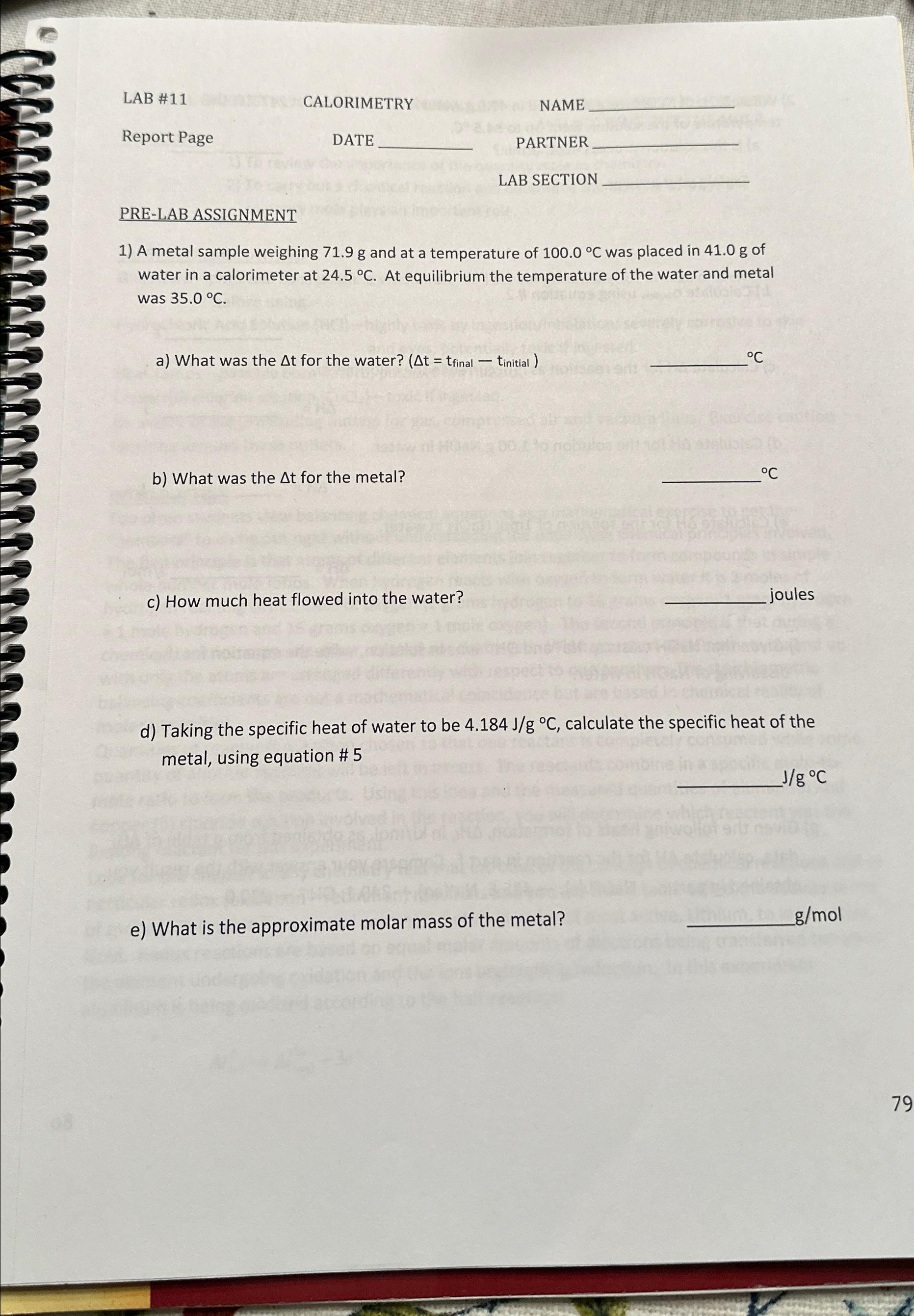 Solved LAB #11CALORIMETRYReport PageDATENAMEPARTNER _LAB | Chegg.com