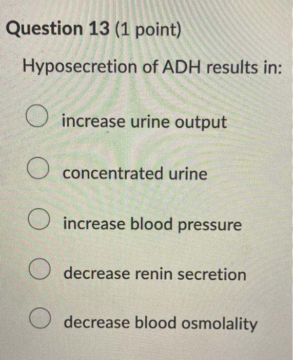 Solved Question 13 (1 point) Hyposecretion of ADH results | Chegg.com